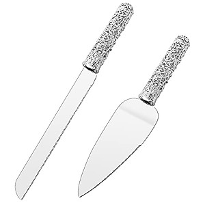 Jozen Gift Wedding Silver Cake Knife and Server Set - 2 Pcs Dessert Set Metal Handle with Crystal Stones Decoration for Wedding, Anniversary Party Birthday Banquets,Gifts for Bride and Groom