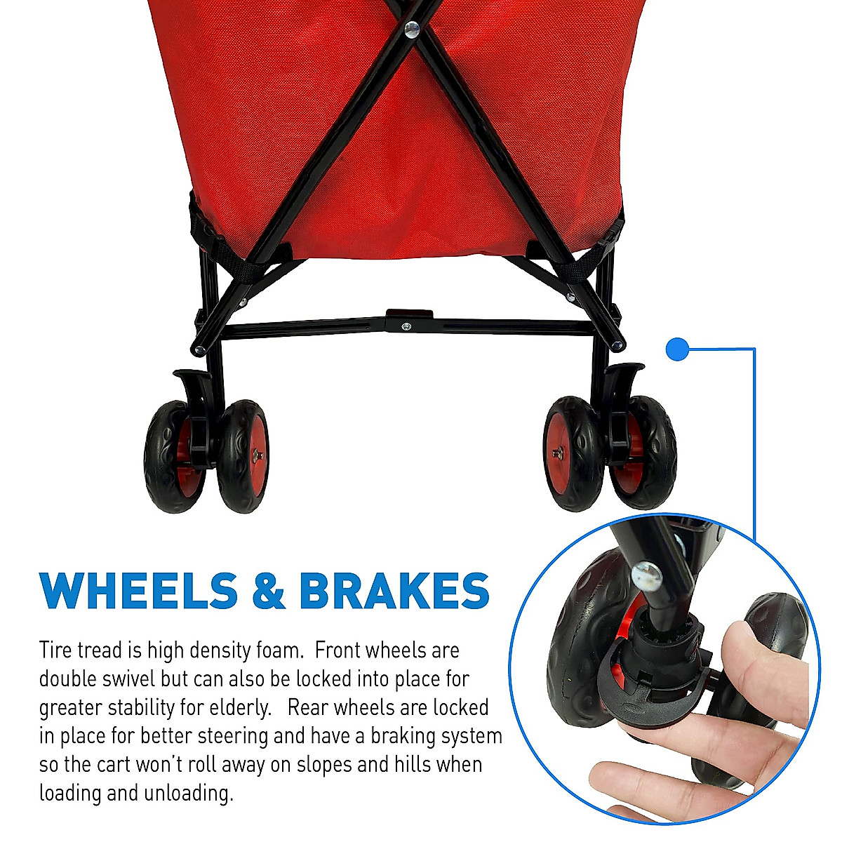 EasyGo Rolling Cart Folding Grocery Shopping Cart Laundry Basket Rolling Utility Cart with Wheels – Removable Canvas Bag - Versa Wheels & Rear Brakes - Easy Folding 120lbs Capacity – Copyrighted – RED