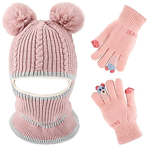 SATINIOR Kid Girls Winter Hat Gloves Set Pink Fleece Lined Warm Ski Mask Earflap Hood Skull Caps Cable Knit Gloves for Cold Weather