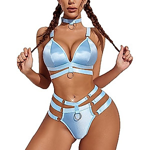 Avidlove Lingerie for Women Sexy Push Up Lingerie Set with Choker Ropa Interior Femenina Sexy Bra and Panty Set Light Blue Small