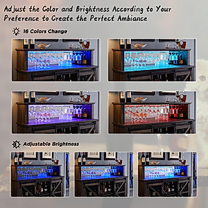 OKD Farmhouse Coffee Bar Cabinet with LED Lights, 55" Wine Bar Cabinet w/Sliding Barn Door & Wine and Glass Rack, Kitchen Buffet Cabinet w/Storage Shelves for Dining Room,Dark Rustic Oak