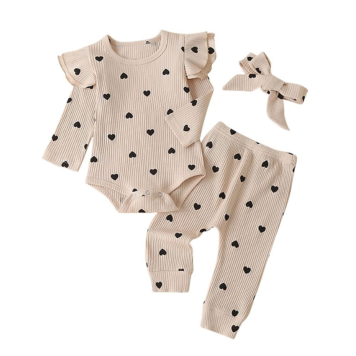 Baby Girl Clothes Infant Girls Outfits 3PC Rib Frill Long Sleeve Romper Pants Headband Set (Apricot, 6-9 Months)