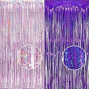 BRAVESHINE Party Decoration Foil Fringe Backdrops - 3.2 ft x 8.2 ft Metallic Tinsel Photo Booth Pros Streamer Curtains for Birthday Wedding Christmas Bridal Bachelorette Decorations - 1 Purple 1 Pink