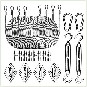 ColourTree Square & Rectangle Sun Shade Sail Canopy Awning Installation 24 PC Hardware Kits, 48 Ft (12 Ft x 4) Cable Wire Ropes