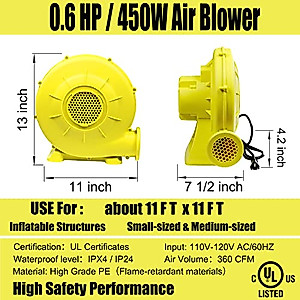 Bounce House Blower, 0.6 HP 450 Watt air Blower for About 11 ft x11 ft Inflatables Bouncy Castle Slide House Jumper (Yellow)