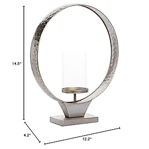 Foreside Home & Garden Large Hammered Metal Round Ring Pillar Candle Holder, Small, Silver