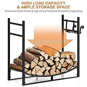 Goplus Firewood Rack, 33” Heavy Duty Metal Wood Log Holder with Removable Kindling Holder,Quick Set-up, Wood Storage Stacker, Fireplace Log Stand Organizer for Indoor & Outdoor Use