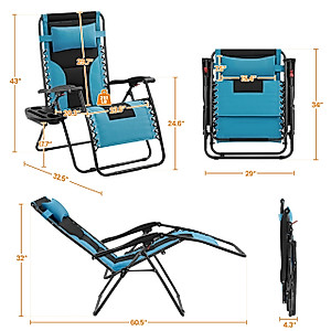 Yaheetech 29in Full Padded Zero Gravity Chair Oversized Outdoor Patio Folding Lounger Adjustable Portable Anti Gravity Recliner w/Carry Strap, Side Cup Tray, Pillow for Beach Yard Lawn Black/Aqua/2