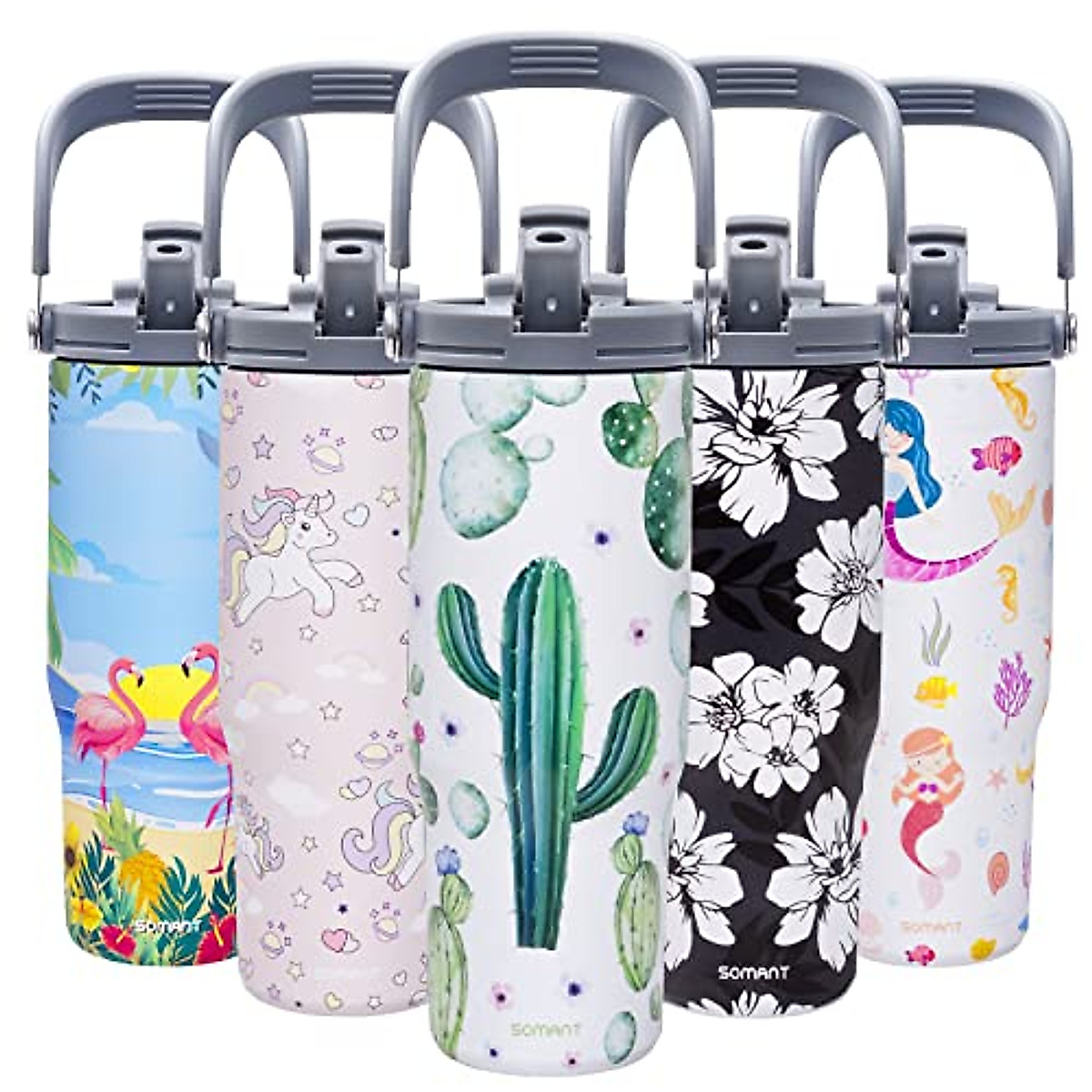 SOMANT 30oz Tumbler with Handle Lid and Straws Stainless Steel Insulated Reusable Double Wall Hot and Cold Beverages Travel Mug Home and Office Water Bottle Thermal Cup gift for kids