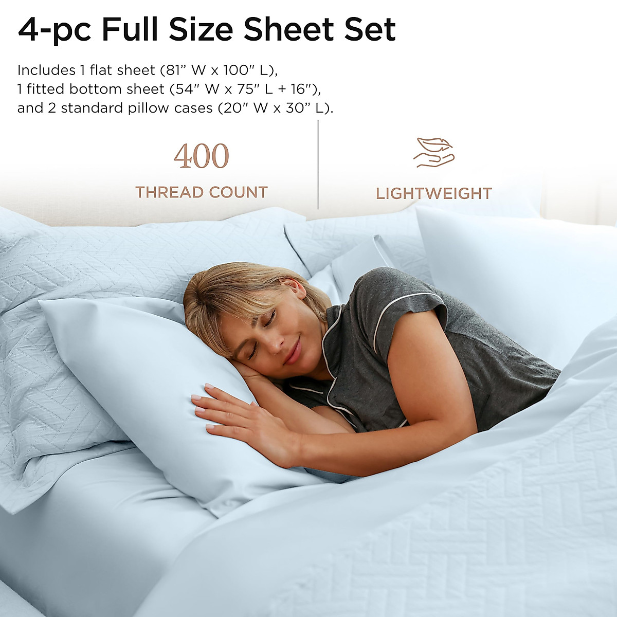Threadmill Egyptian Cotton Full Size Sheet Set | 100% Certified Egyptian Cotton Sheets for Full Size Bed | Full Bed Sheets Set 16" Deep Pocket | Soft Sateen 4-Piece Cooling Bedding Set | Light Blue