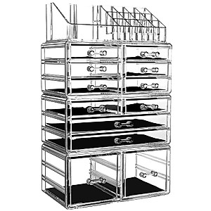 Cq acrylic 4 Pack Clear Makeup Organizer Countertop,Stackable 12 Drawers Skincare Organizer,Cute Skin Care Organizer for Vanity Hair Clip,Jewelry,Beauty Product Desk and Make Up Organizers for Vanity