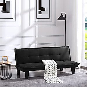 FANYE Modern Futon Sofa Convertible Sleeper Couch Bed, Soft Loveseat & Sofabed for Home Office Apartment Small Space Living Room Napping,Armless Love Seats W/Recliner Backrest,No Pillow, Black