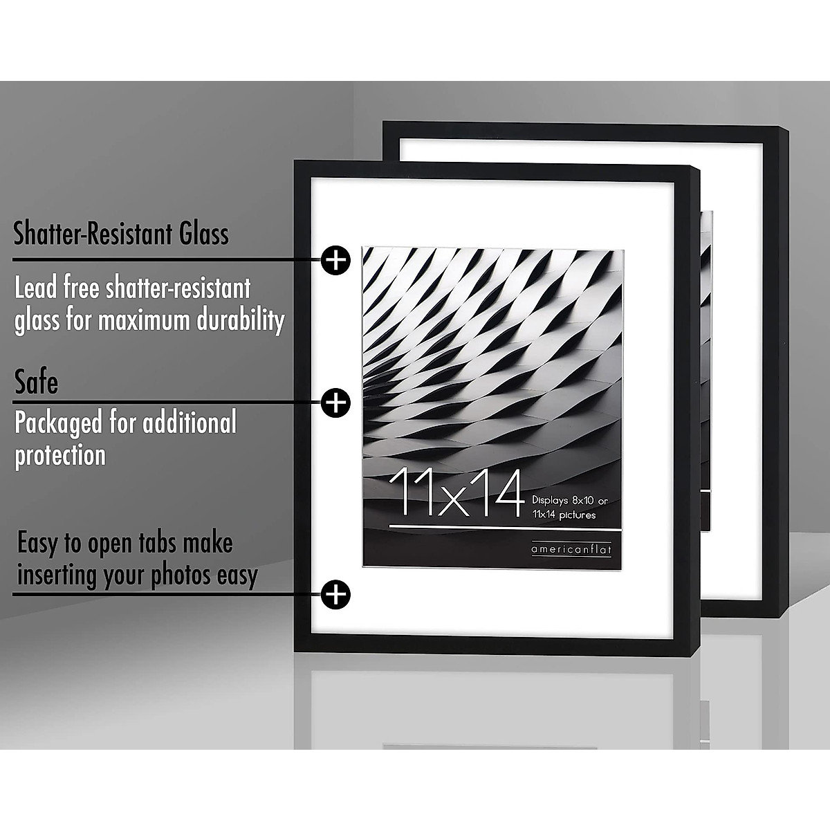 Americanflat 11x14 Picture Frame with Shatter-Resistant Glass - Set of 2 - Use as 8x10 Frame with Mat or 11x14 Frame Without Mat - Streamline Collection - Thin Photo Frame for Wall Display - Black