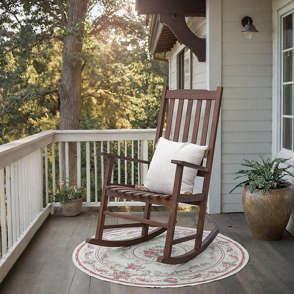 Greesum Outdoor Rocking Chair, Acacia High Back Oversized All-Weather Lounge Rocker with 320 lbs of Support for Patio, Garden, Deck, Porch,Brown