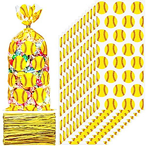 Outus 100 Pieces Softball Party Cello Bags Cellophane Softball Treat Bags Softball Goody Gift Treat Bags with 200 Gold Twist Ties for Birthday Favors Party Supply Bags Goody Favor Bags (Transparent)