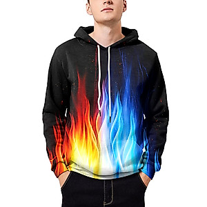 Neemanndy Red and Blue Fire Flame Graphic 3D Hoodies Realistic Print Outer Sports Sweaters for Men and Women, Large