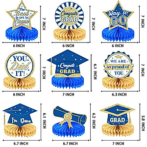 9 pieces of graduation party decoration Class of 2024 Congrats Graduation Honeycomb Centerpieces,Graduation，Congratulations Graduation honeycomb desktop decoration (Blue gold)