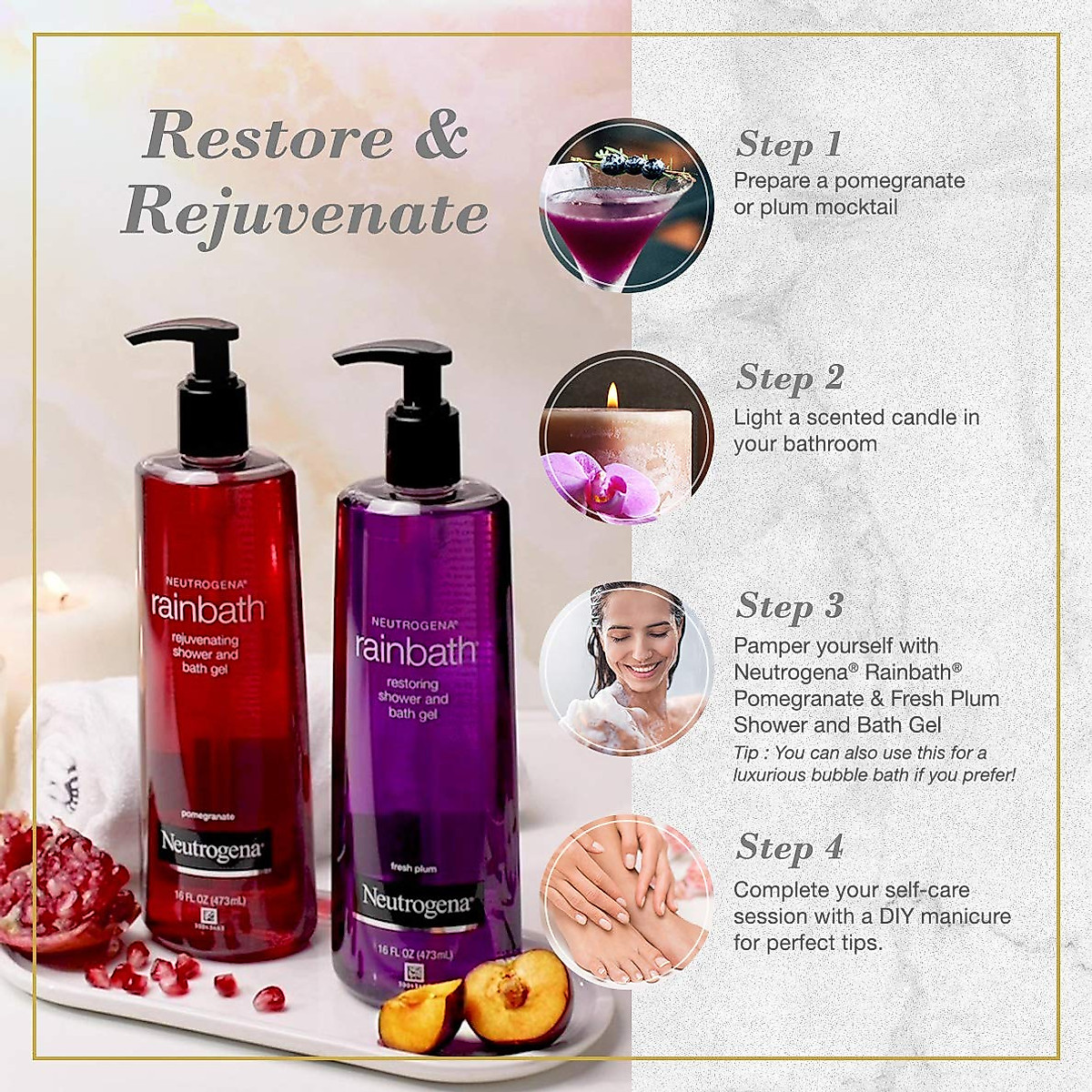 Neutrogena Rainbath Restoring Shower And Bath Gel Moisturizing Body Wash and Shaving Gel with Clean Rinsing Lather and Scent, Fresh Plum, floral, 16 Fl Oz