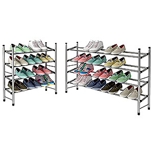 TZAMLI 4-Tier Free Standing Shoe Rack Metal Iron of Expandable and Adjustable Shoes Organizer, Stackable Shoe Shelf for Entryway Doorway, 24.41" x 8.66" x 25.98" (Silver Gray, 4-Tier)