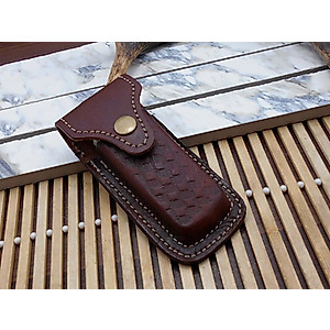 8" Long Folding Knife with Pocket Clip, Hand Forged Damascus Steel 3.5" Blade. Rose Wood Scale with Damascus Bolster, Cow Hide Leather Sheath Included with Belt Loop (Walnut Wood)