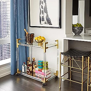 VLOBAOM Gold Bar Cart on Wheels, Clear Acrylic Serving Cart for Home, Mobile Storage Shelf, Rolling Drink Trolley for Living Room, Kitchen, Hotel,80x40x80cm,Gold