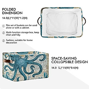 Glaphy Octopus Nautical Old Map Storage Basket Bin Foldable Nursery Toy Basket with Handles for Home Office Bedroom（Rectangular）
