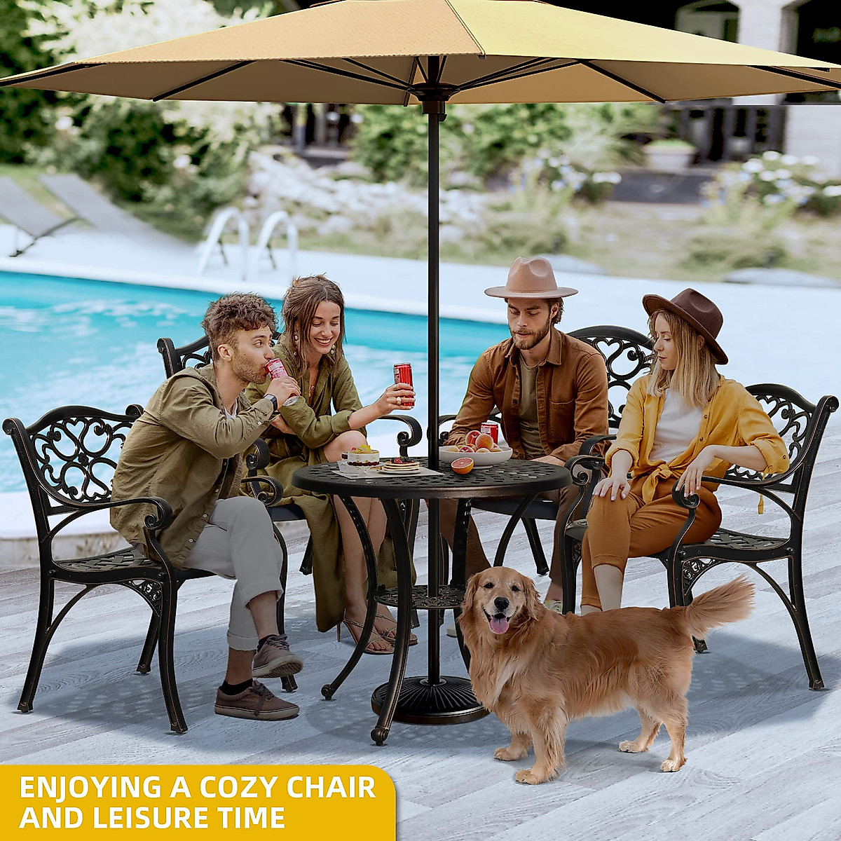 DWVO 5 Piece Outdoor Furniture Cast Aluminum Patio Dining Sets, All-Weather Patio Bistro Sets with 4 Chairs, 30 Inches Round Table with Umbrella Hole, Adjustable Feet for Balcony Backyard Deck Garden