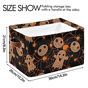 Kigai Halloween Spooky Spider Web Storage Baskets Rectangle Foldable Canvas Fabric Organizer Storage Boxes with Handles for Home Office Decorative Closet Shelves Clothes Storage