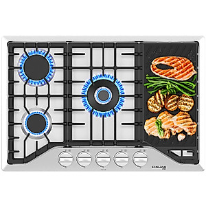 30 Inch Gas Cooktop with Griddle, GASLAND Chef PRO GH3305SF Gas Stovetop with 5 Burners, Reversible Cast Iron Grill/Griddle, 120V Plug-in, NG/LPG Convertible, CSA certified, Stainless Steel