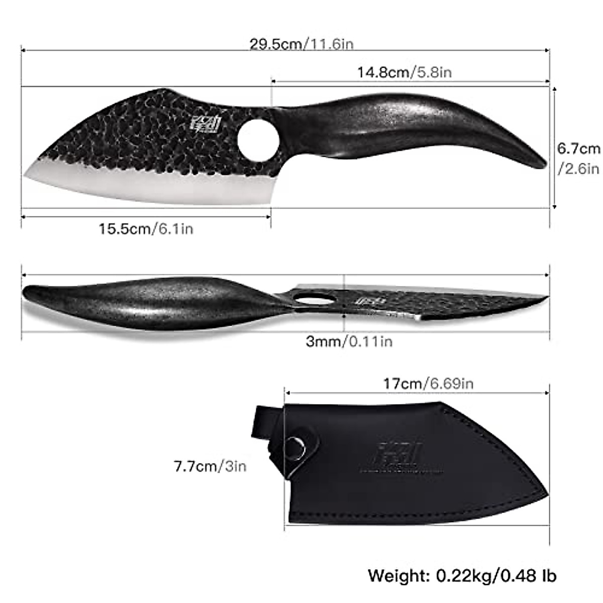 FINDKING Dark Moon Series Meat Cleaver with Leather Sheath, Multipurpose Small Slicing Knife, 5Cr15 Stainless Blade, 304 Steel Handle, for Home, Kitchen, Outdoor, Camping, BBQ, 6 Inch, Black