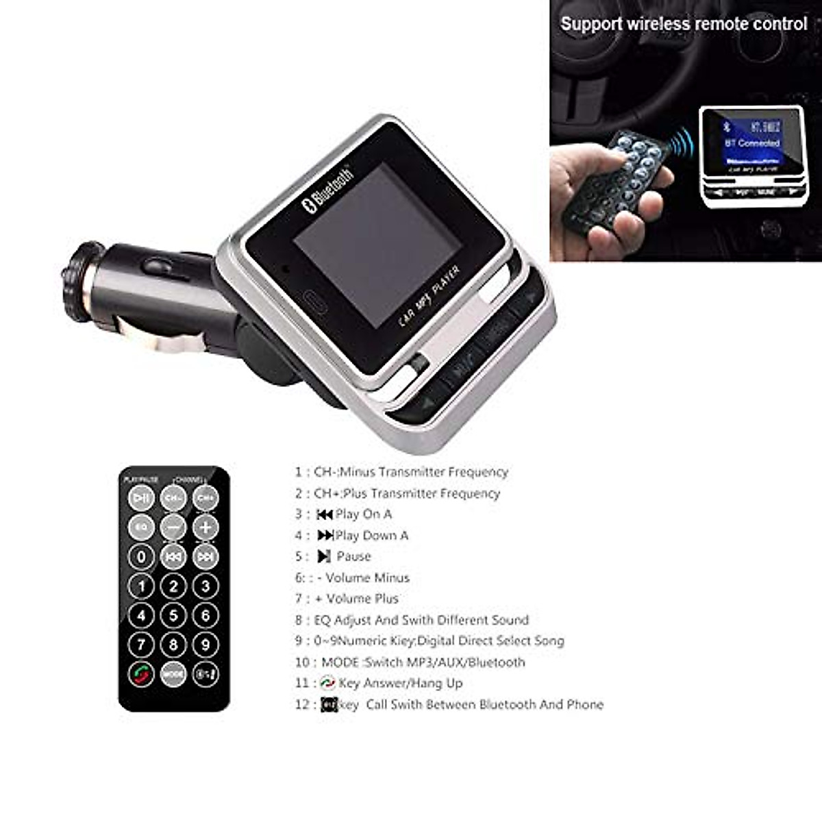 Bluetooth FM Transmitter for Car, Wireless Car Radio Adapter, Handsfree Auto Kit with Remote Control, MP3 Music Player Support USB Charger Siri Google Assistant U Disk/TF Card/Aux