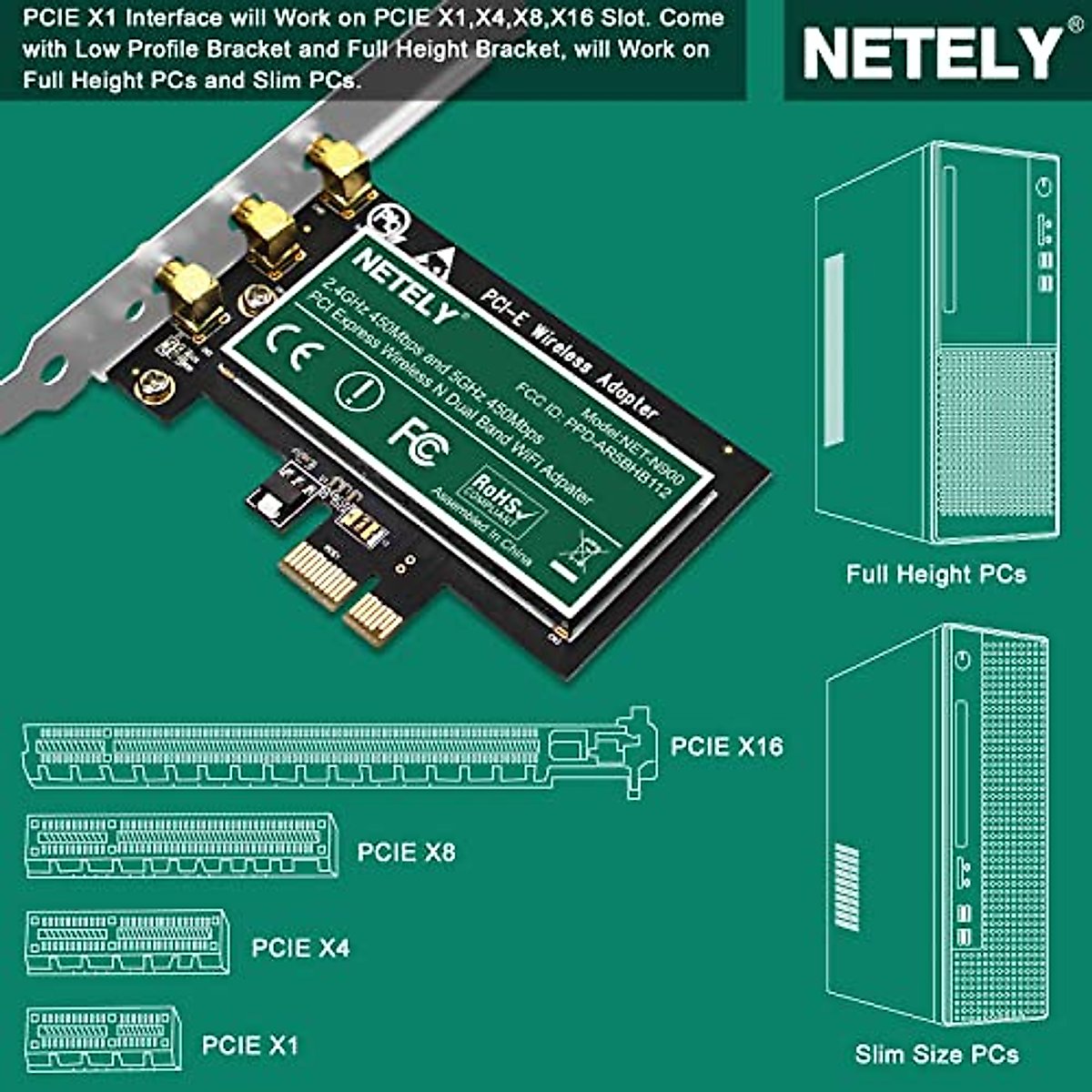 NETELY Wireless Dual Band 900Mbps PCI Express (PCIE) WiFi Adapter for Windows 7, 8.x, 10, 11 32/64bit and Linux Desktop PCs, PCIE WiFi Card, Qualcomm Atheros AR938X Wireless Network Adapter (NET-N900)