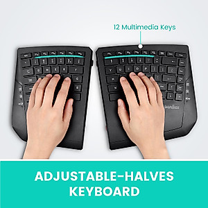 Perixx PERIBOARD-624B US, Wireless Ergonomic Split Keyboard - Up 30 Ft Separation - Adjustable Tilt Angle - Low Profile Membrane Keys - Black - US English