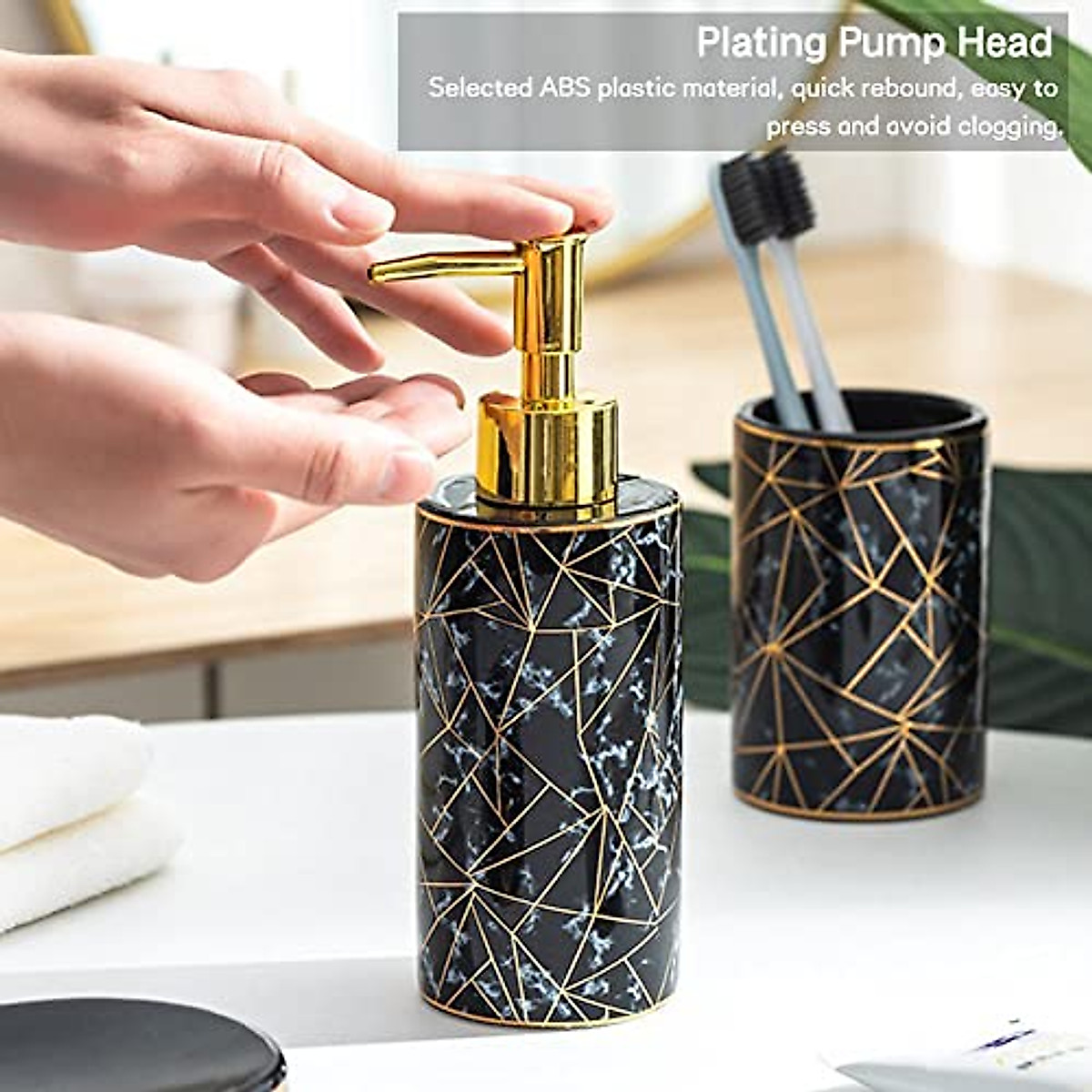 RUNLAIKEJI 4-Piece Ceramic Bthroom Accessories Set, Marbling Ceramic Bathroom Set Accessories, Home Bathroom Counter Set with Soap Dispenser, Soap Dish, 2 Mouthwash Cups, Home Decor Accessories