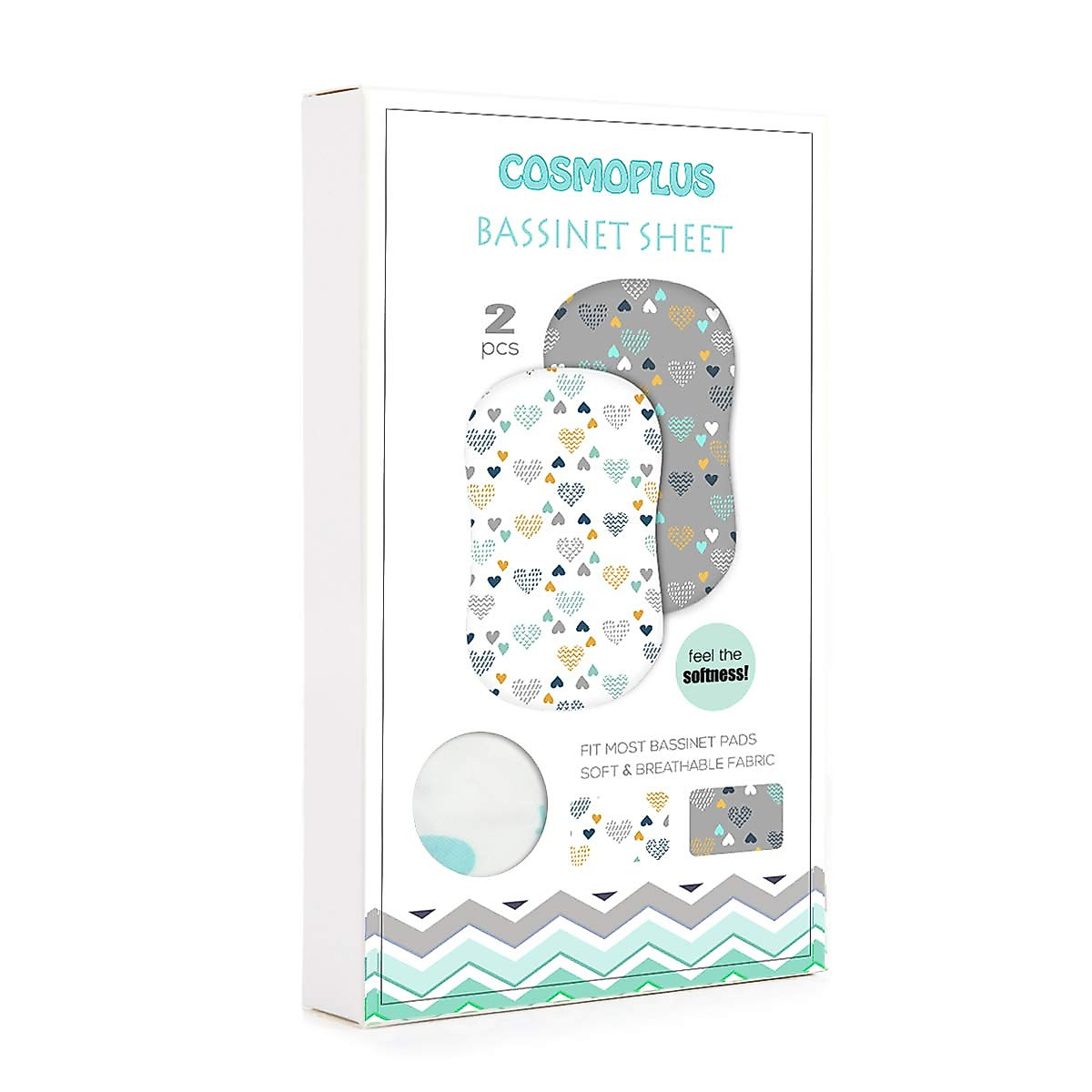 COSMOPLUS Bassinet Sheet Set 2 Pack Stretch Fitted Craddle Fitted Sheets for Bassinet Pads/Mattress, for Boys Girls,Unisex,Ultra Soft,Heart Pattern