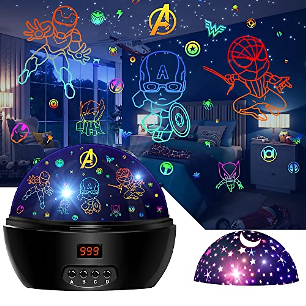 Kid Light Projector Superhero Toys for Boys 5-7 Avengers Night Light Projector with Timer for Kids Room, 360 Degree Rotation Toddler Nightlights with Spiderman Figurine Lamps and Star Projection Lamp