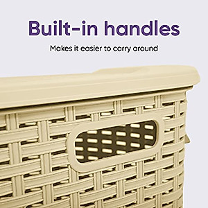 Plastic Corner Laundry Hamper with Lid, Curved Designed Laundry Basket, 2 Pack Triangle Beige Cloths Hamper Organizer with Cut-out Handles for Laundry Room Bedroom Bathroom, Wicker Design, 50 Liter