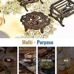 Sungmor Cast Iron Teapot Warmer Dish Cups Heater Pot Trivet - Rustic & Graceful Pattern Design with Tealight Holder - Heavy Duty & Decorative Candle Holder Stands for Heat Food Coffee Milk or Tea