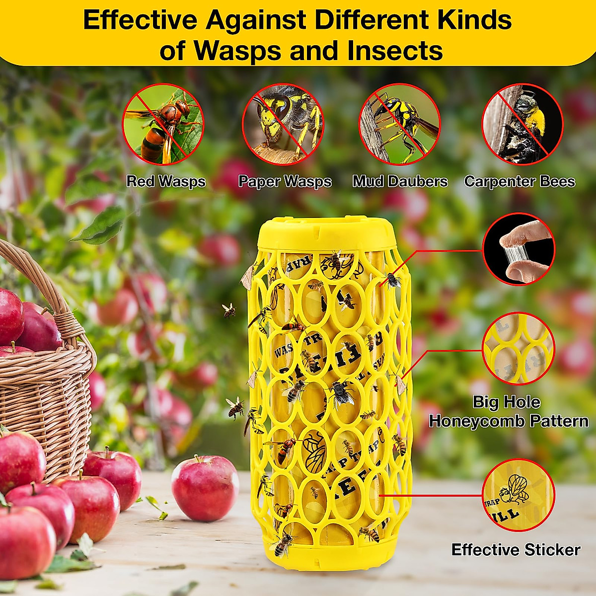 KILSACO Wasp Traps Outdoor 2Pcs with 8 Pcs Sticky, Hornet Trap Catcher, Non-Toxic Reusable Yellow Jacket Trap, Carpenter Bee Traps for Outside, Fly Traps Outdoor Hanging, Wasp Repellent Deterrent