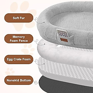 Human Dog Bed for People Adults, Giant Bean Bag Bed with Blanket 72"x48"x10", Washable Faux Fur Nap Bed Adult Oval for People, Families, Pets Removable Large Memory Foam Human Sized Dog Bed Grey