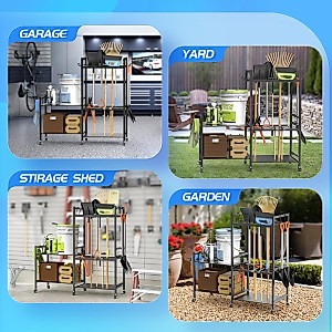 POLARPRA Garden Tool Organizer, Garden Tool Storage Rack with 6 Hooks and 2-tier Metal Shelves, Yard Tool Organizer Cart for Garage with Wheels Stand up to 35 Long-Handled Tools for Shed, Outdoor