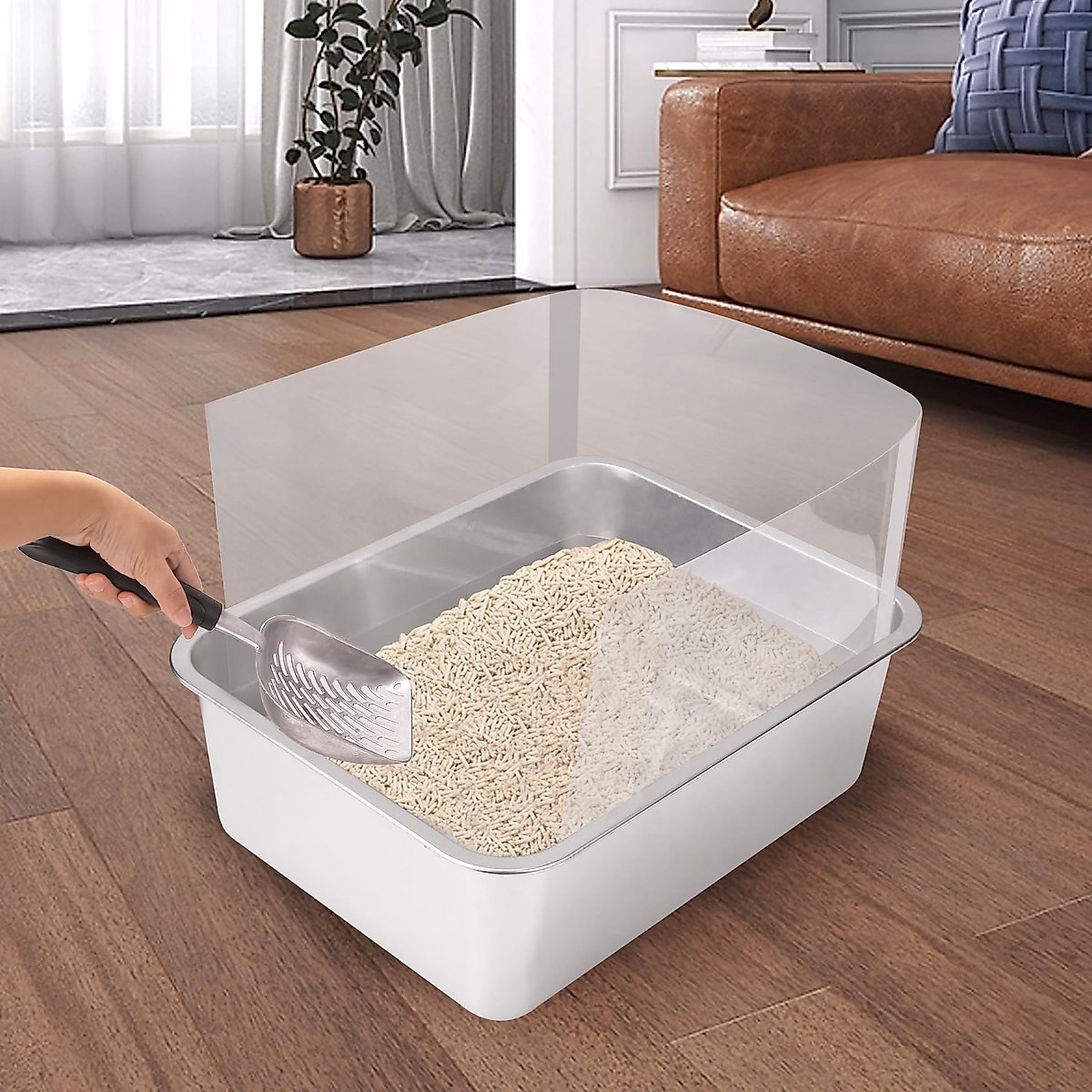 Vehipa 3 Set Stainless Steel Litter Boxes Large Metal Litter Boxes with Litter Box Pee Shields and Metal Cat Litter Scoops for Cats Rabbits, Non Stick Smooth Surface and Rustproof 17.5 x 13.6 x 5.9