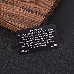 Personalized Engraved Message Wallet Card Inserts Customized for Son from Mom - I Love You - Birthday Christmas Graduation Deployment - Unique Custom Metal Cards for Him from Mother