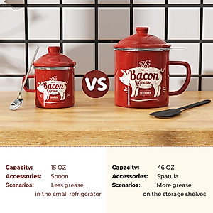 PGYARD Mini Bacon Grease Container With Strainer - 15OZ Enamel Grease Saver, Farmhouse Bacon Grease Keeper For Kitchen Fat Storage, Dishwasher Safe-Red