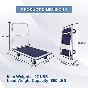 GPOAS Push Cart Dolly 660LBS Folding Platform Hand Truck with 360 Degree Swivel Wheels and Handle, Heavy Duty Foldable Flatbed Large Moving Cart for Easy Storage Luggage Moving,Blue