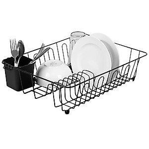 Home Basics Vinyl Coated Wire Dish Drying Rack with Square Utensil Holder, (Black) Countertop Dish Drainer | Padded Feet to Protect Countertops | Dual Side Drinkware Space