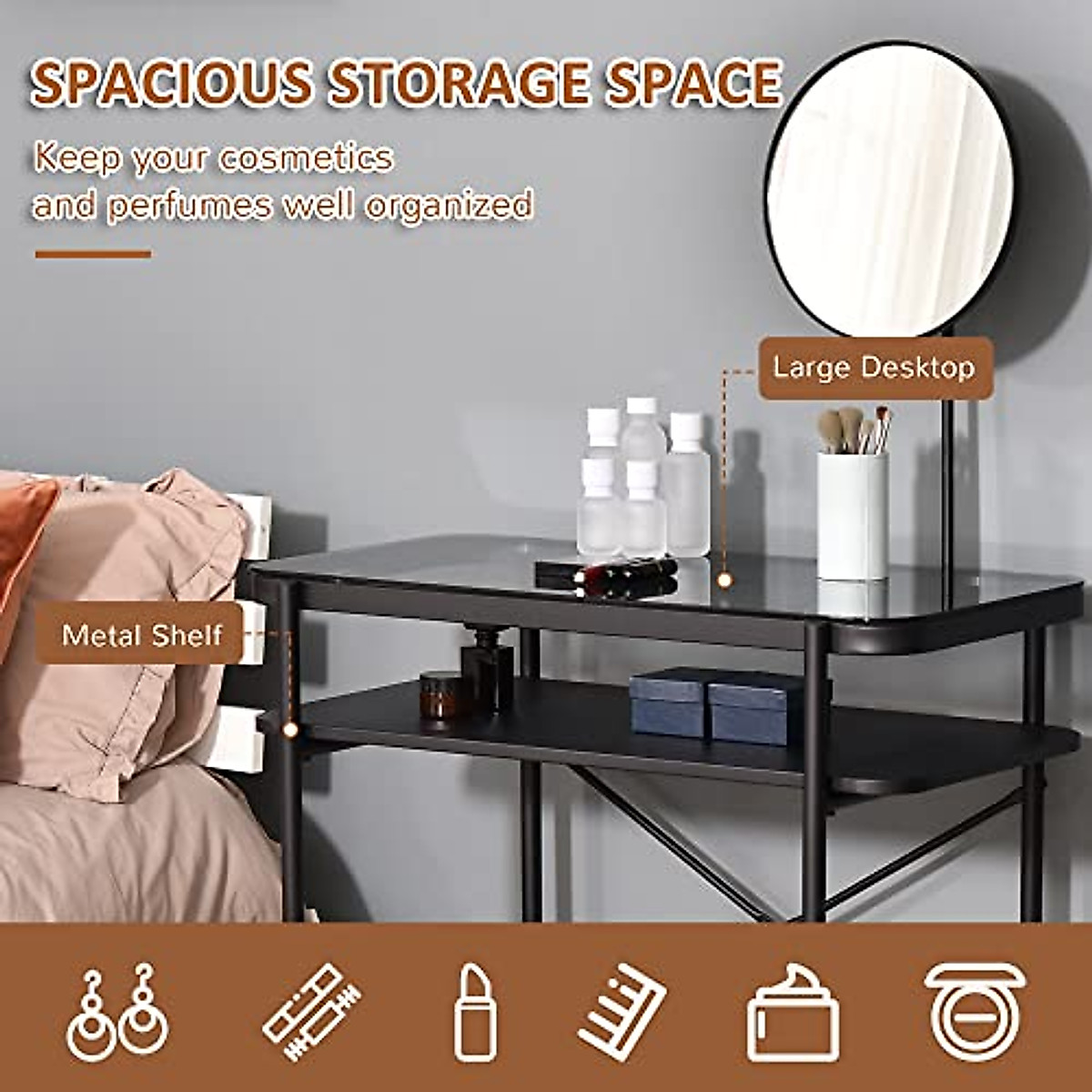 HOMCOM Modern Glasstop Vanity Table with Mirror, Makeup Dressing Table with Rotating Round Mirror, Shelves for Perfumes, Cosmetics, Lotions, Black