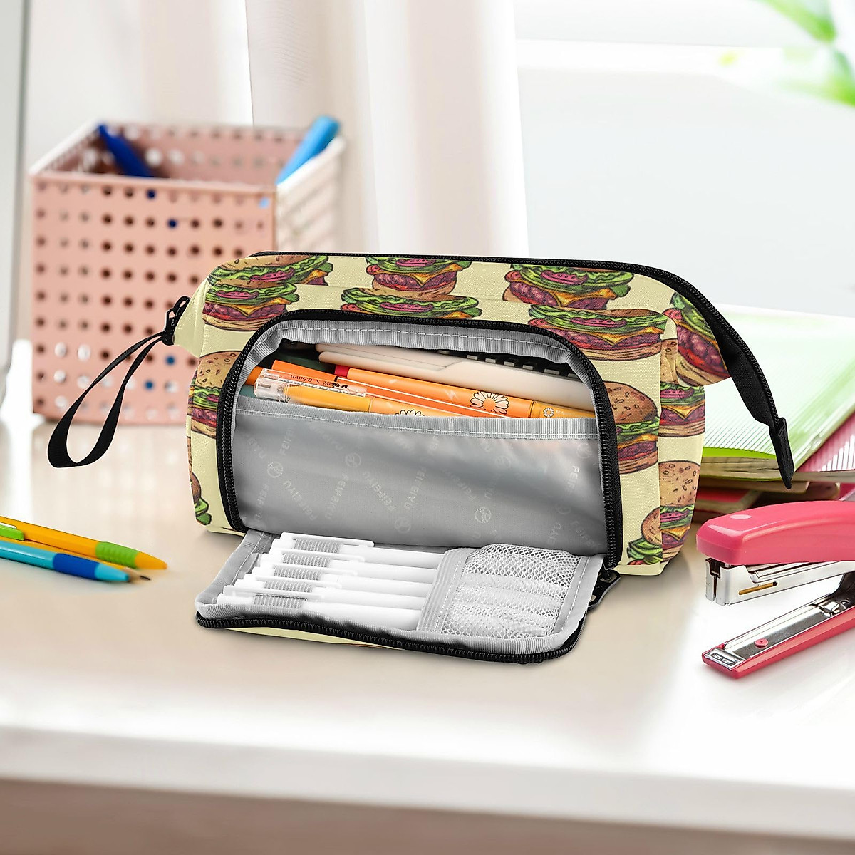 Vnurnrn Hamburgers Custom Pencil Case with Zippers Personalized Pen Pencil Pouch Bag for School Stationery Supplies
