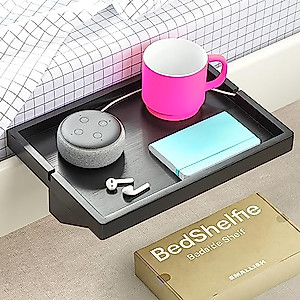BedShelfie Bedside Shelf for Bunk Bed & Top Bunk,College Dorm Room Essentials, Loft Bed Accessories, Clip On Nightstand Snack Organizer, Bed Side Table Tray Shelfie Storage - Original Black Wood