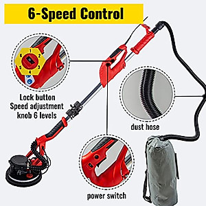 VEVOR Drywall Sander 750W, Electric Sander Variable Speed 800-1750RPM, Drywall Sander Foldable Sheetrock Sander, with Telescope Handle, Vacuum Bag Drywall Sanders 6 Sand Pads